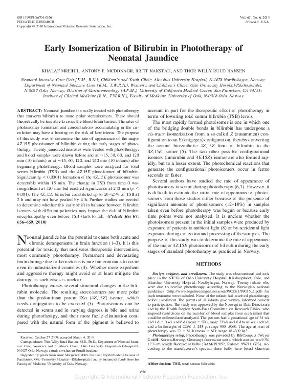 (PDF) Early Isomerization of Bilirubin in Phototherapy of Neonatal ...