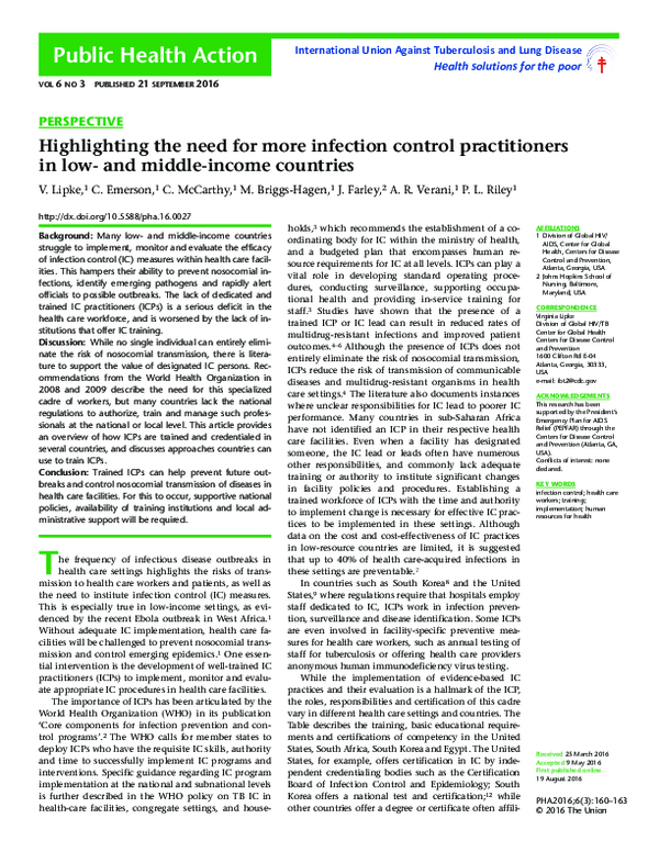 (PDF) Highlighting the need for more infection control practitioners in ...