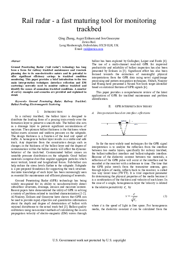 (PDF) Rail radar - a fast maturing tool for monitoring trackbed