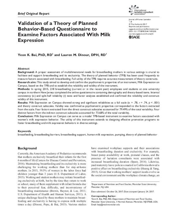 Validation of a Theory of Planned Behavior-Based Questionnaire to Examine Factors Associated ...
