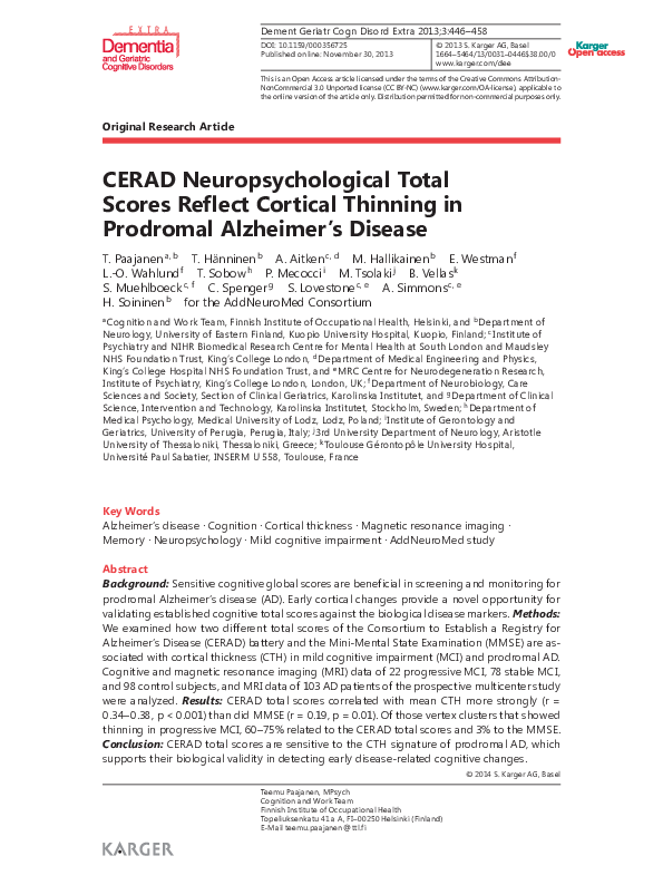 (PDF) CERAD Neuropsychological Total Scores Reflect Cortical Thinning ...