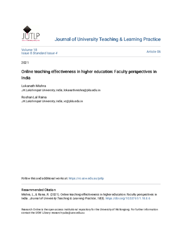 (PDF) Online teaching effectiveness in higher education: Faculty perspectives in India