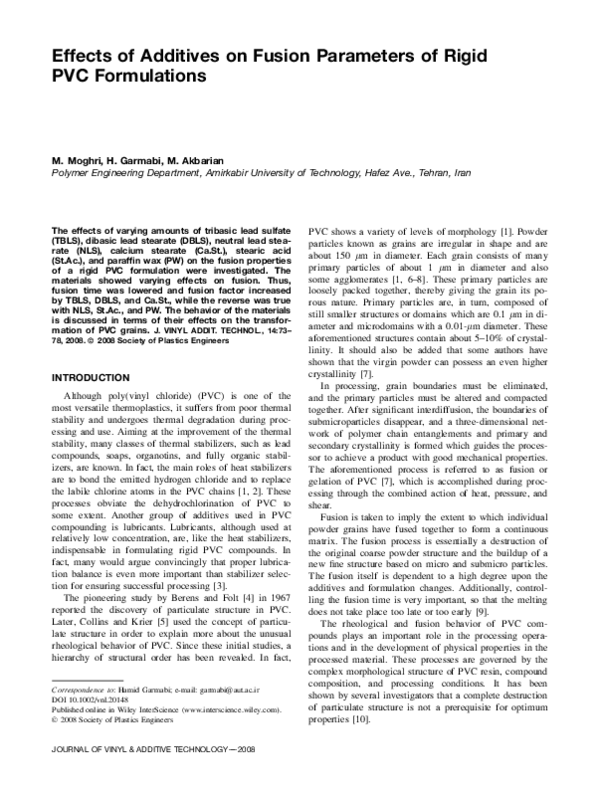 (PDF) Effects of additives on fusion parameters of rigid PVC formulations