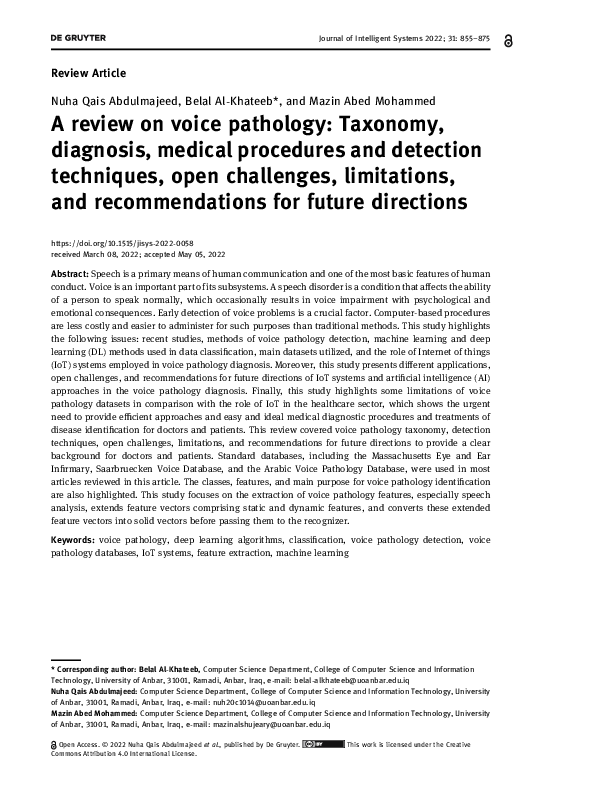 (PDF) A review on voice pathology: Taxonomy, diagnosis, medical ...