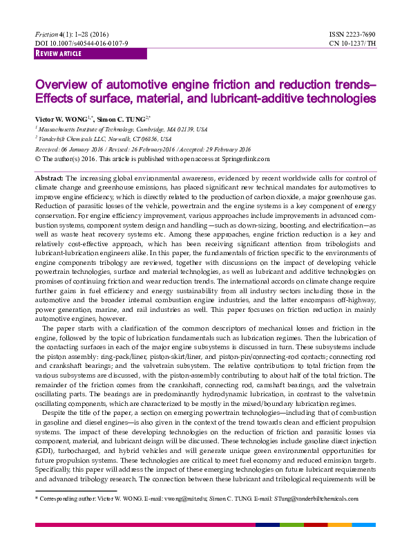 Pdf Overview Of Automotive Engine Friction And Reduction Trends Effects Of Surface Material