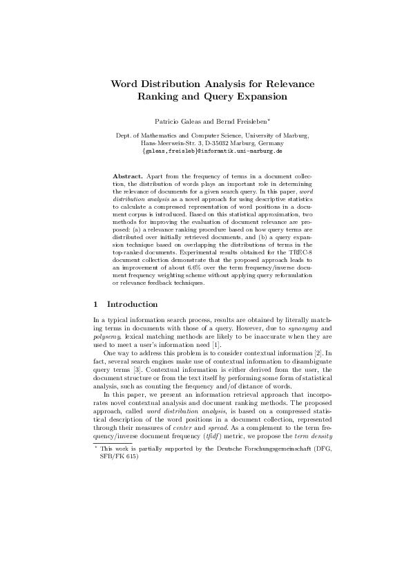 (PDF) Word Distribution Analysis for Relevance Ranking and Query Expansion
