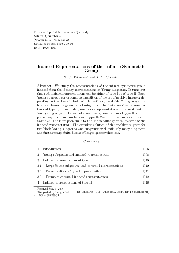 Pdf Induced Representations Of The Infinite Symmetric Group And Their Spectral Theory
