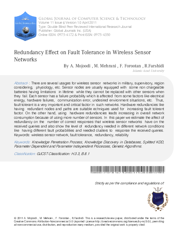 (PDF) Redundancy effect on fault tolerance in wireless sensor networks