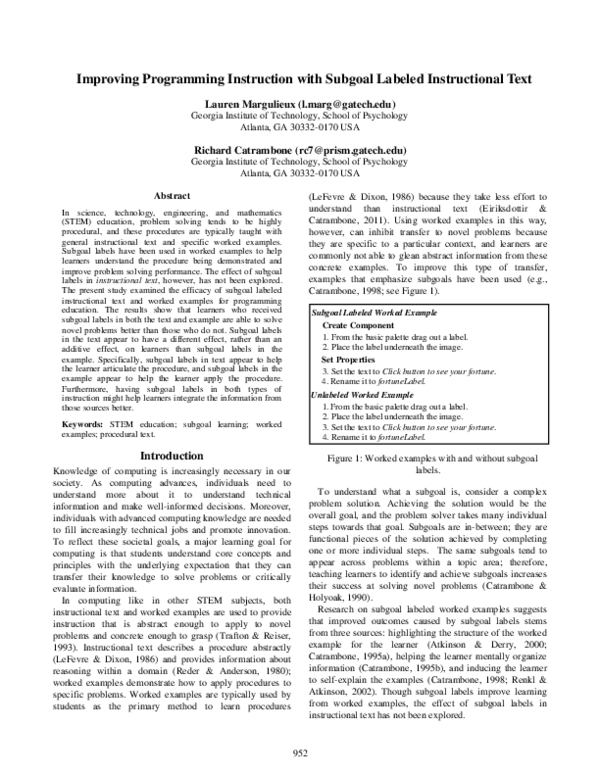(PDF) Improving Programming Instruction with Subgoal Labeled Instructional Text | Richard ...