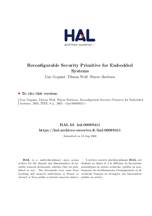 Pdf Reconfigurable Security Primitive For Embedded Systems
