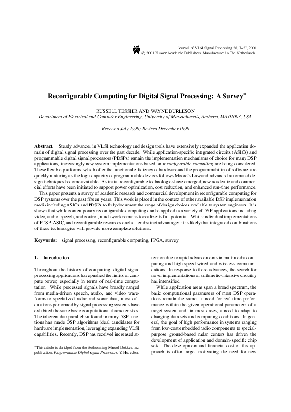 Pdf C 2001 Kluwer Academic Publishers Manufactured In The Netherlands Reconfigurable