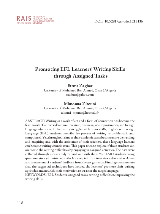 (PDF) Promoting EFL Learnerss Writing Skills Through Assigned Tasks