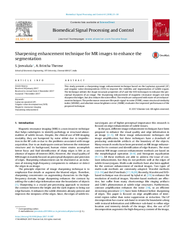 (PDF) Sharpening enhancement technique for MR images to enhance the segmentation | Brintha ...