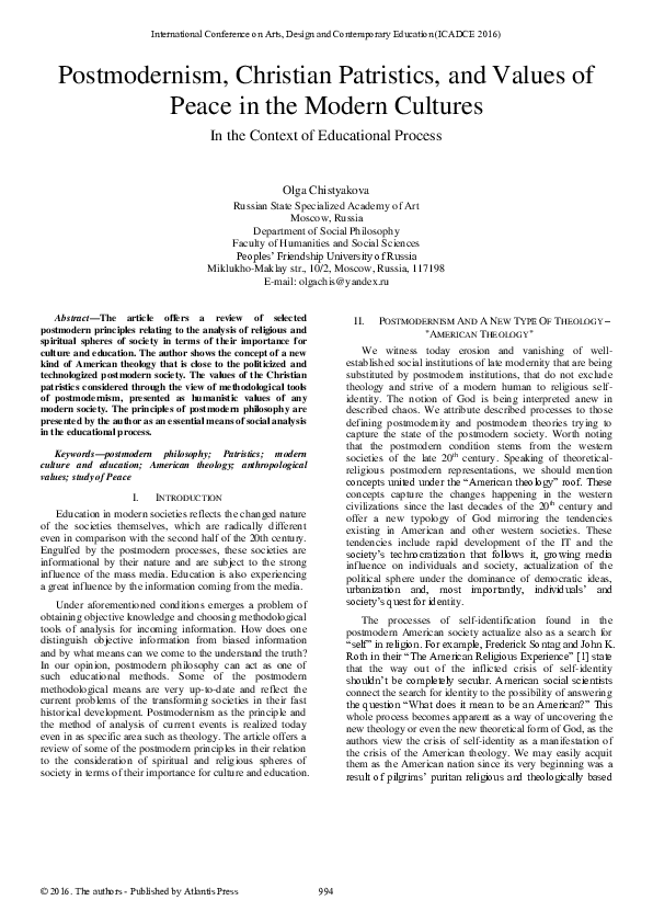 (PDF) Postmodernism, Christian Patristics, and Values of Peace in the ...
