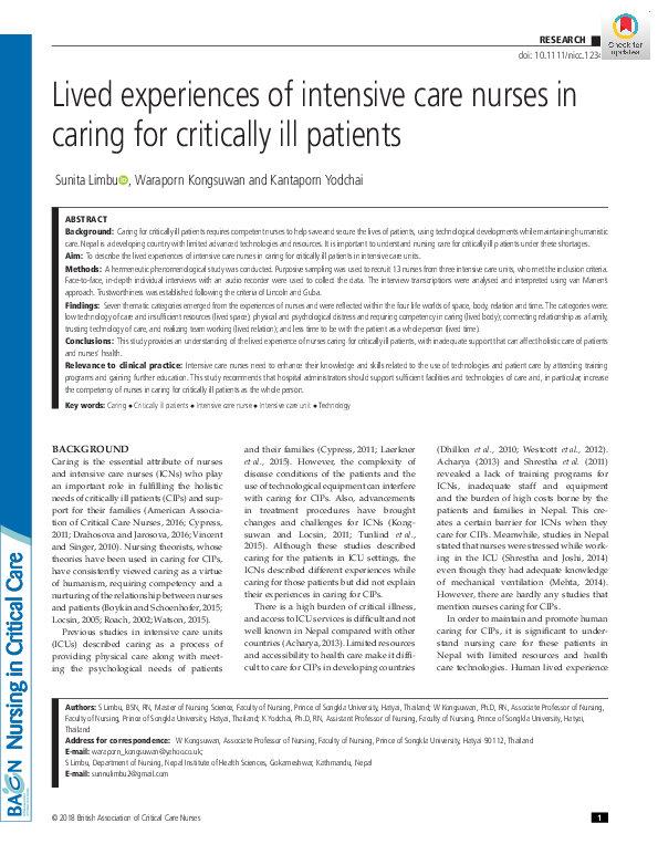 (PDF) Lived experiences of intensive care nurses in caring for ...