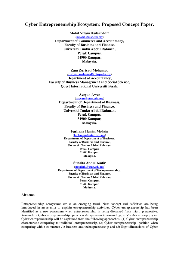 (PDF) Cyber entrepreneurship ecosystem: proposed concept paper