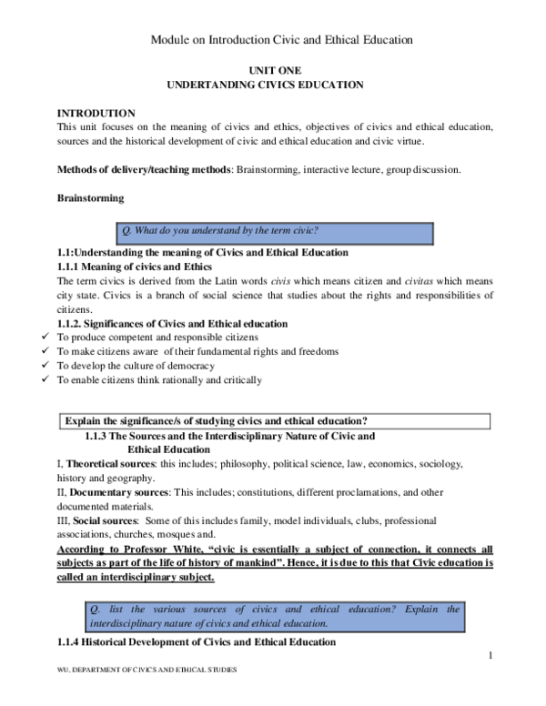 (PDF) Module on Introduction Civic and Ethical Education WU, DEPARTMENT ...