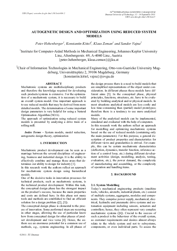 (PDF) Autogenetic Design and Optimization Using Reduced System Models
