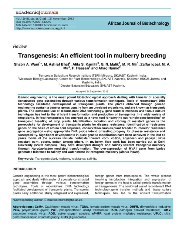 (PDF) Transgenesis: An efficient tool in mulberry breeding