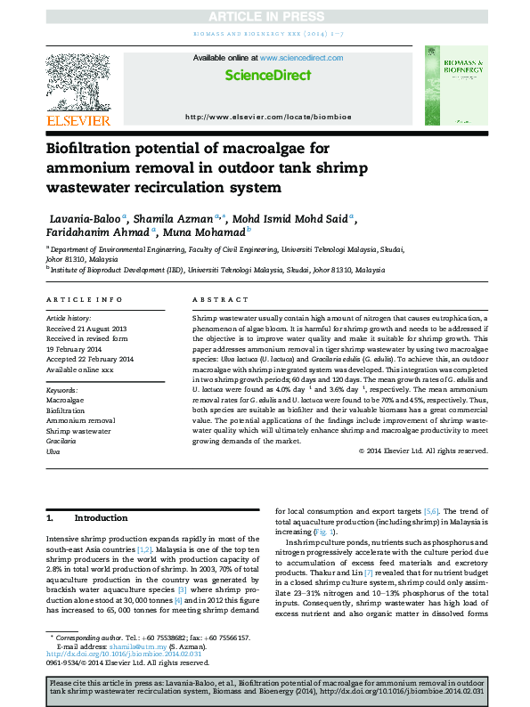 (PDF) Biofiltration potential of macroalgae for ammonium removal in ...