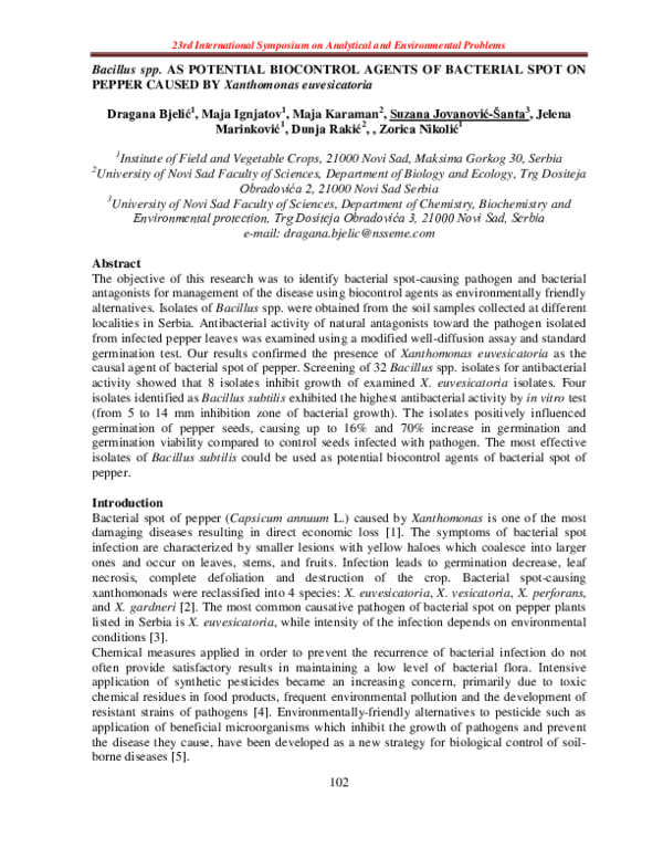 Pdf Bacillus Spp For Biocontrol Of Pepper Bacterial Spot