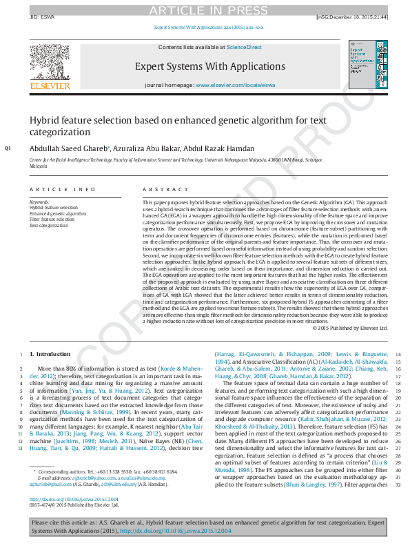 (PDF) Hybrid feature selection based on enhanced genetic algorithm for ...