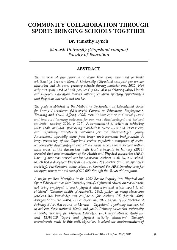 (PDF) Community collaboration through sport: bringing schools together