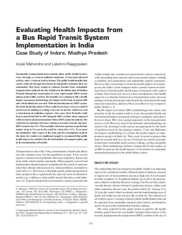 (PDF) Evaluating Health Impacts from a Bus Rapid Transit System ...