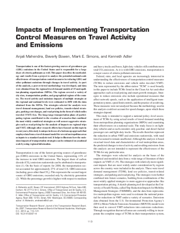 (PDF) Impacts of Implementing Transportation Control Measures on Travel ...