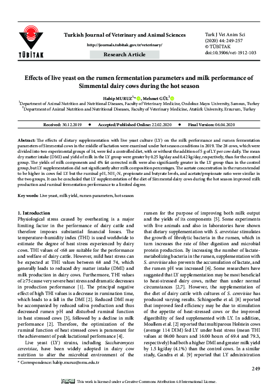 (PDF) Effects of live yeast on the rumen fermentation parameters and milk performance of ...