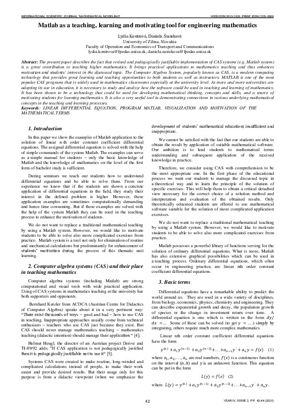 Pdf Matlab As A Teaching Learning And Motivating Tool For Engineering Mathematics