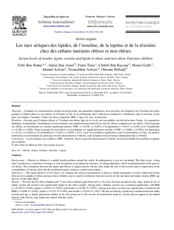 (PDF) Les taux sériques des lipides, de l’insuline, de la leptine et de ...