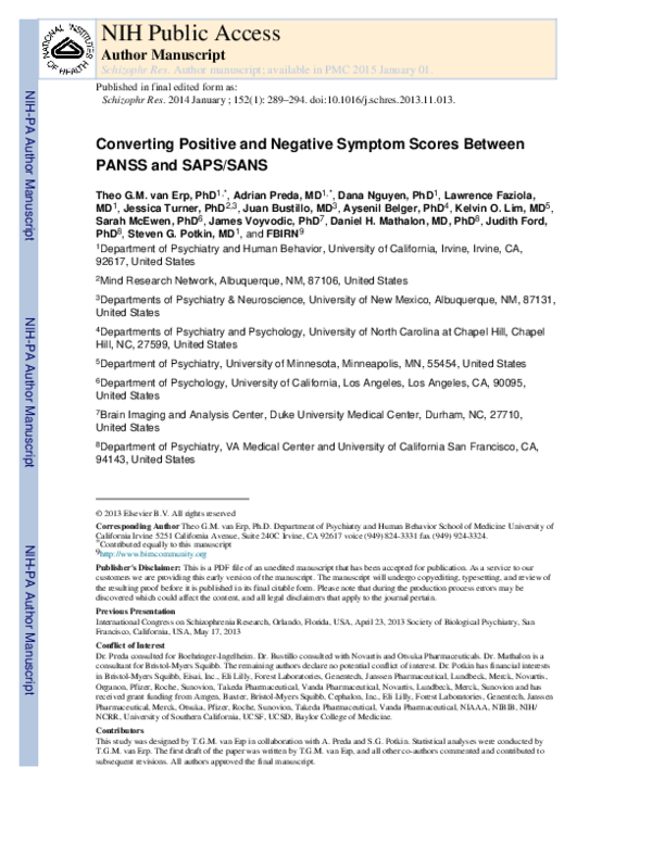 (PDF) Converting positive and negative symptom scores between PANSS and ...