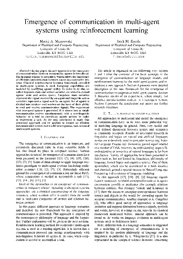 (PDF) Emergence of communication in multi-agent systems using ...