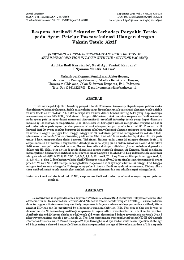 (PDF) Respons Antibodi Sekunder Terhadap Penyakit Tetelo pada Ayam ...