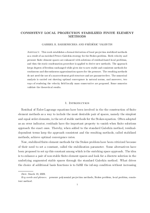 (PDF) Consistent Local Projection Stabilized Finite Element Methods | Frederic Valentin ...