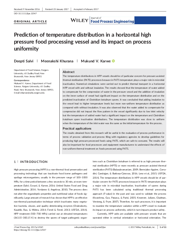 (PDF) Prediction of temperature distribution in a horizontal high pressure food processing ...