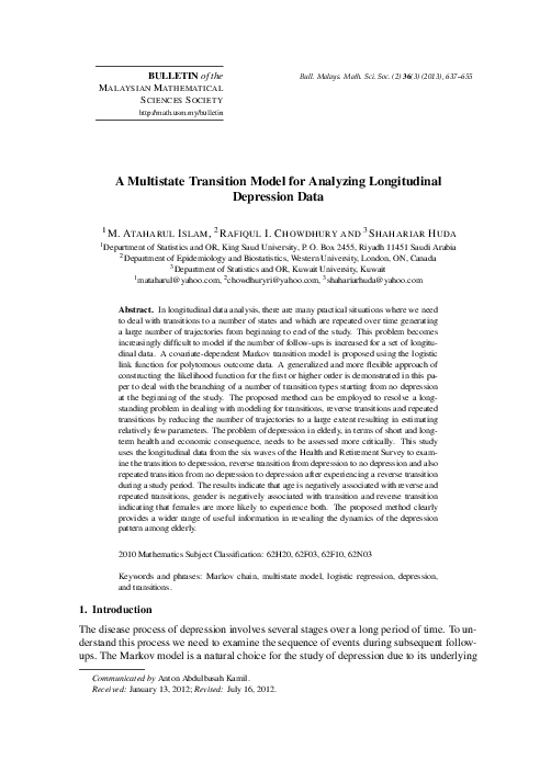 (PDF) A Multistate Transition Model for Analyzing Longitudinal Depression Data
