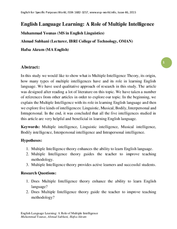 (PDF) English Language Learning: A Role of Multiple Intelligence English Language Learning: A ...