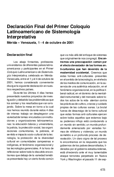 (PDF) Declaración final del Primer Coloquio Latinoamericano de Sistemología Interpretativa ...