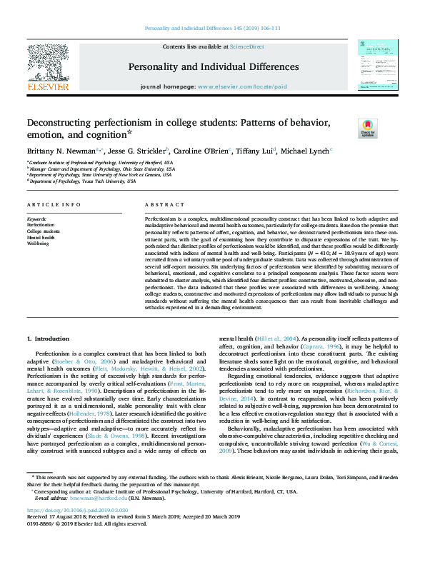 (PDF) Deconstructing perfectionism in college students: Patterns of ...