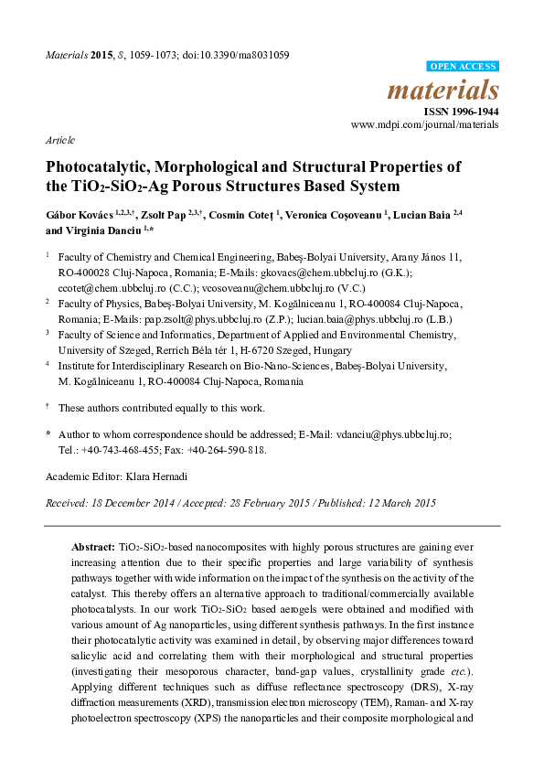 (PDF) Photocatalytic, Morphological and Structural Properties of the TiO2-SiO2-Ag Porous ...