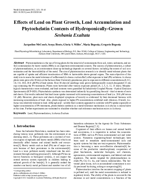 (PDF) Effects of Lead on Plant Growth, Lead Accumulation and ...