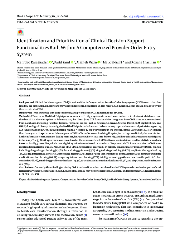 (PDF) Identification and Prioritization of Clinical Decision Support Functionalities Built ...
