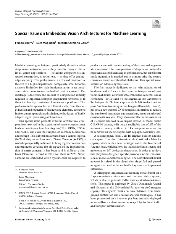 (PDF) Special Issue on Embedded Vision Architectures for Machine Learning | Francois berry ...
