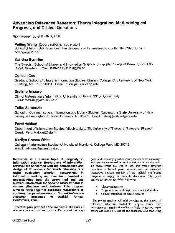(PDF) Advancing relevance research: Theory integration, methodological ...
