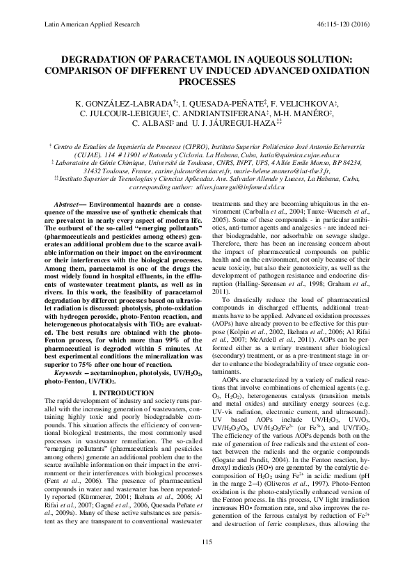 (PDF) Degradation of Paracetamol in Aqueous Solution: Comparison of ...