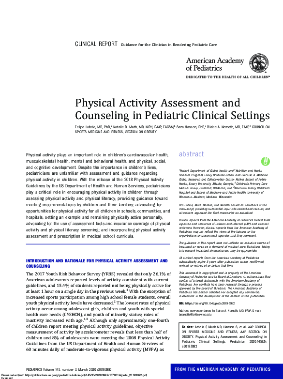 (PDF) Physical Activity Assessment and Counseling in Pediatric Clinical ...