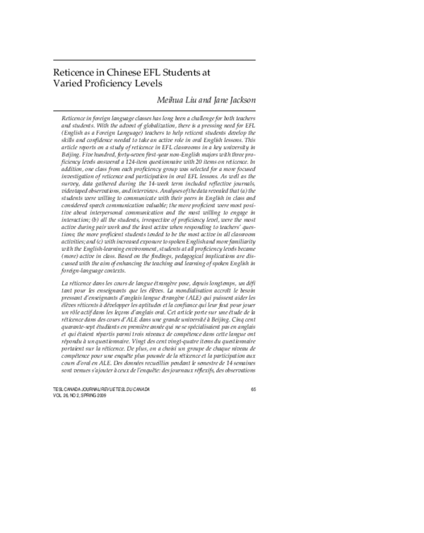 (PDF) Reticence in Chinese EFL Students at Varied Proficiency Levels