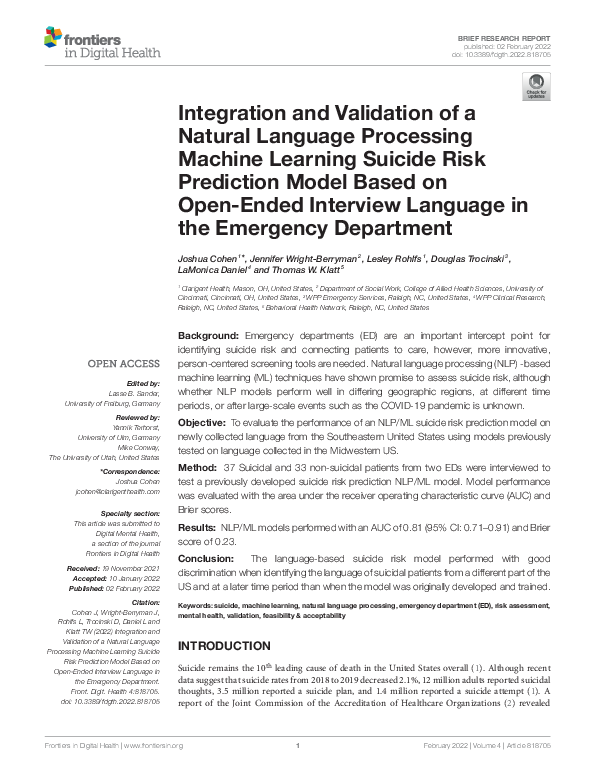Pdf Integration And Validation Of A Natural Language Processing Machine Learning Suicide Risk